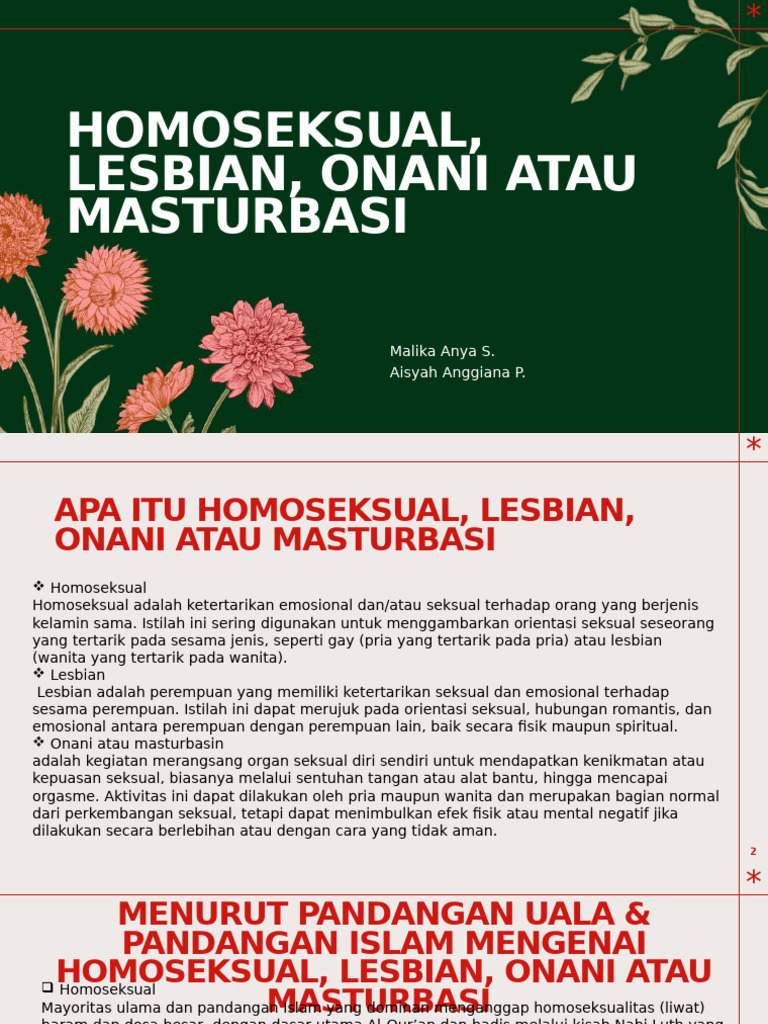 Homoseksual, Lesbian, Onani Atau Masturbasi (Malika, Aisyah 5a Esy) | PDF