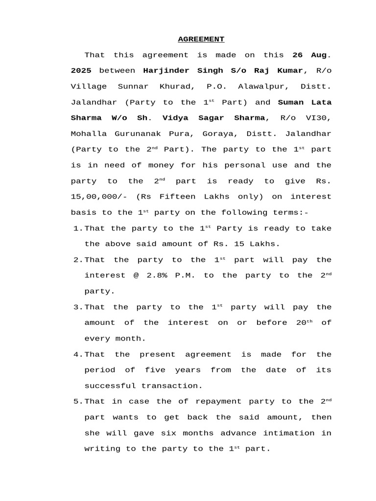 Loan Agreement Between Two Parties | PDF
