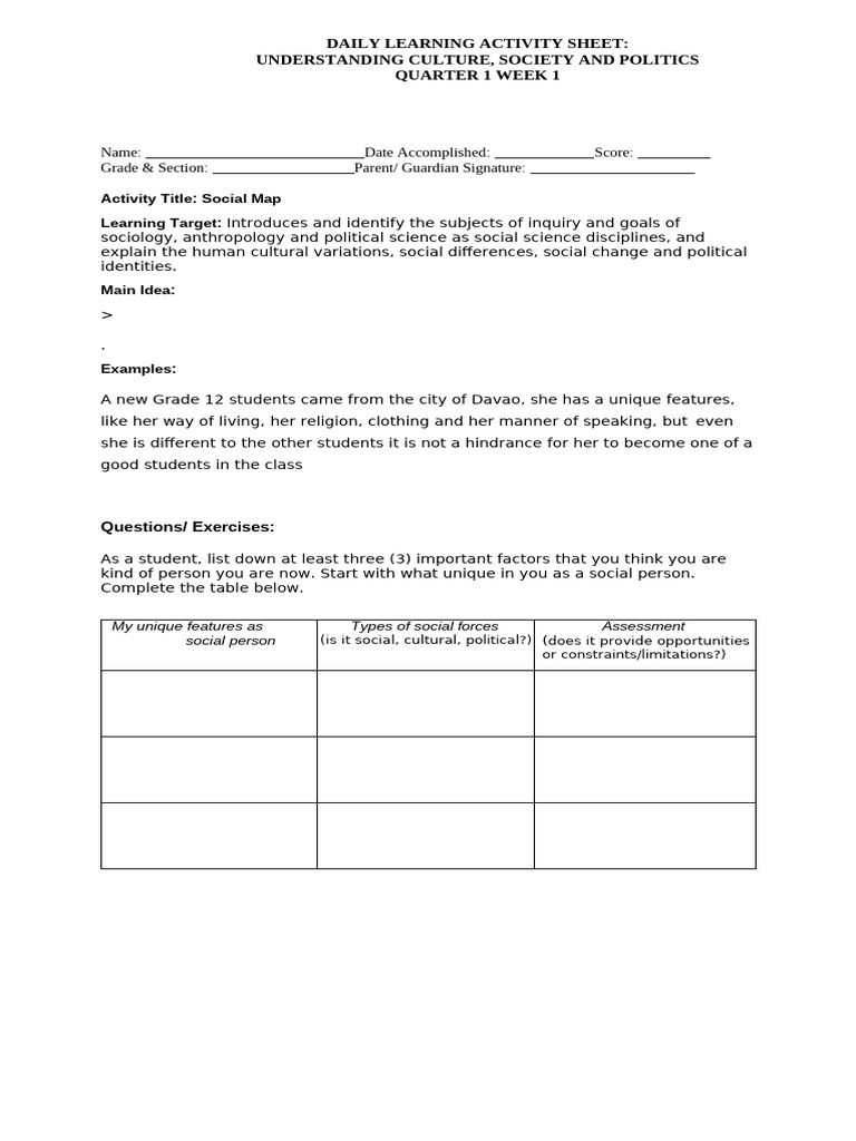Social Science Learning Activity Sheet | PDF | Identity (Social Science ...