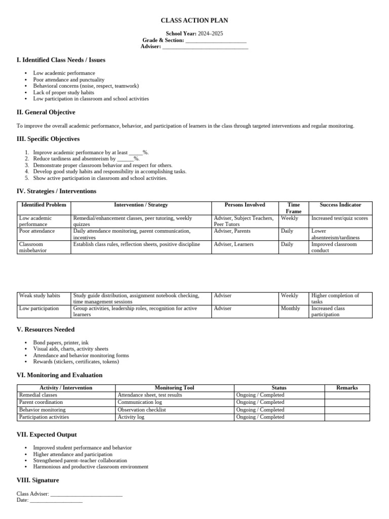 CLASS ACTION PLAN | PDF | Teachers | Classroom