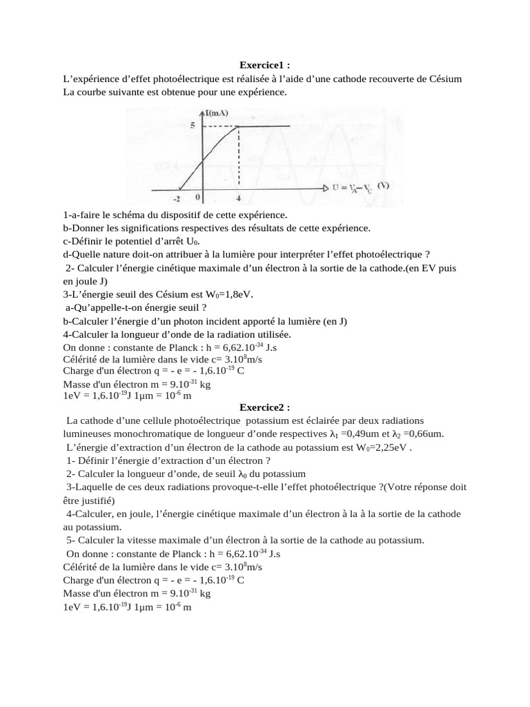 Effet photoélectrique : exercices et calculs | PDF | Effet ...