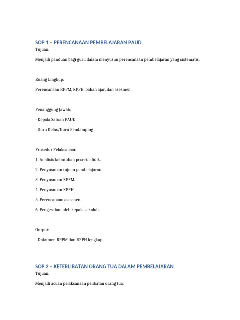 SOP Dan Lampiran PAUD | PDF