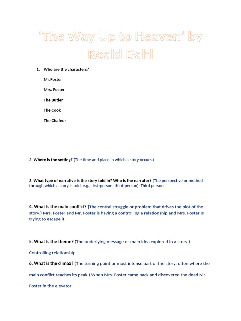 Analysis of Roald Dahl's "The Way Up to Heaven" | PDF