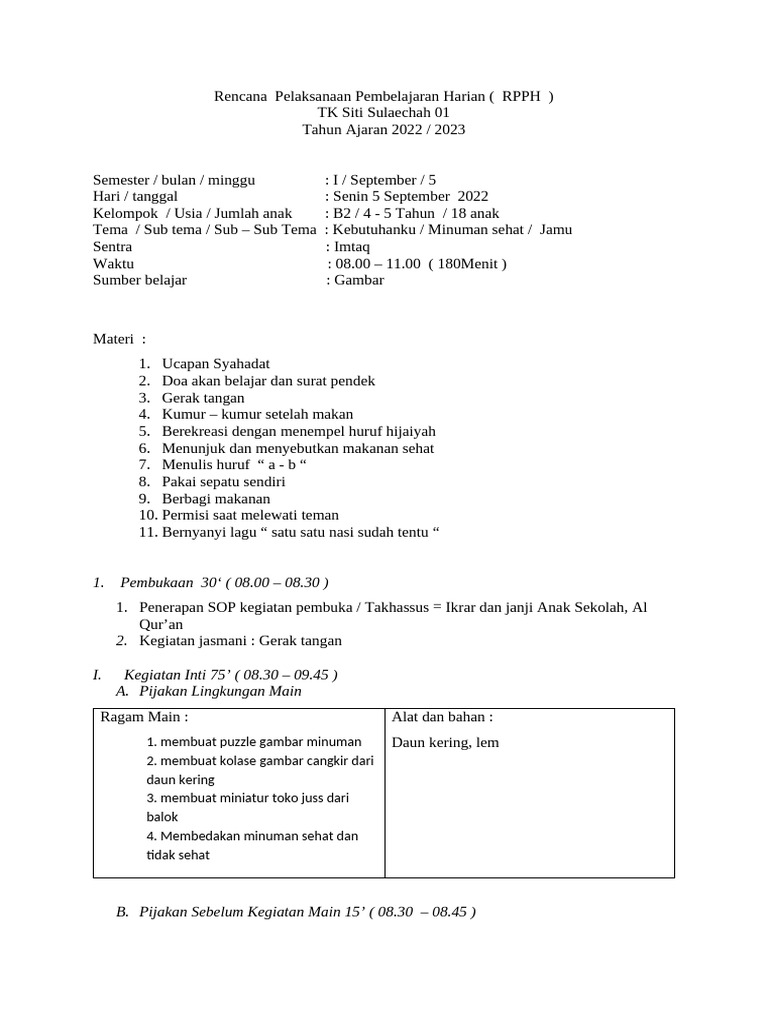 RPPH TK Kebutuhan Minuman Sehat | PDF
