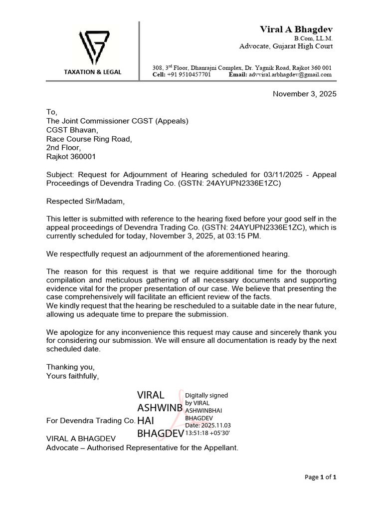 Adjournment Request for GST Hearing | PDF