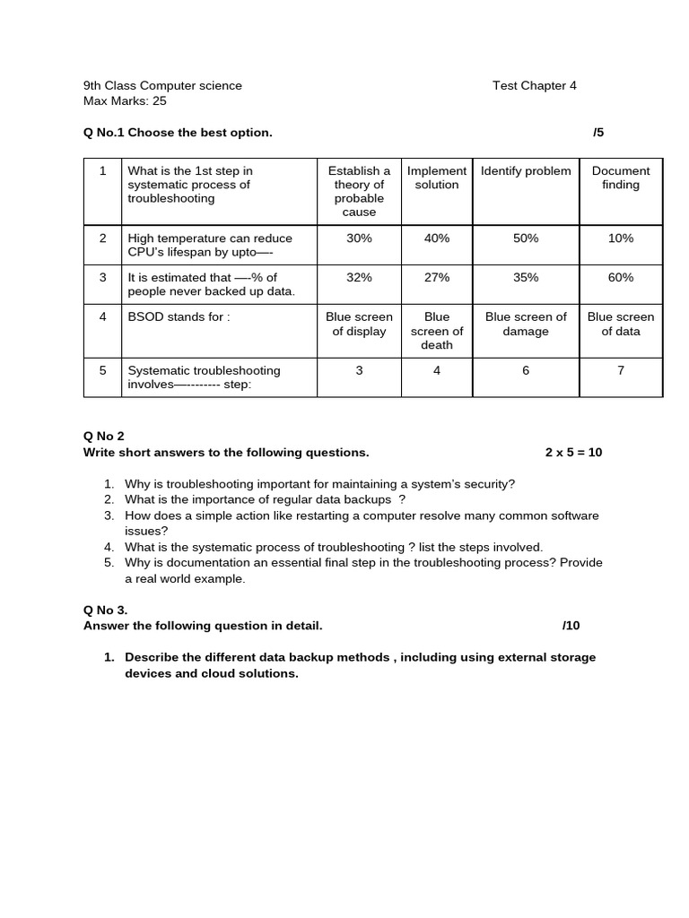 9th Class Computer Science Test Chapter 4 | PDF