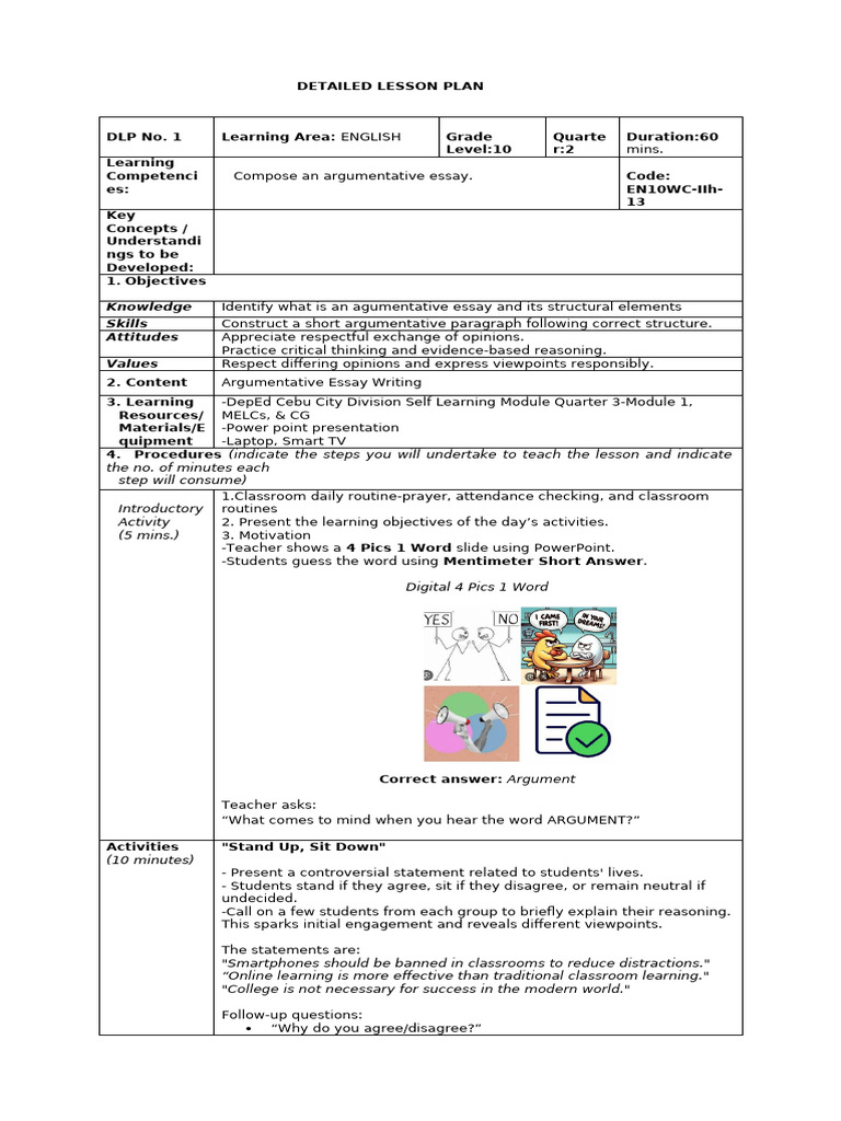 Argumentative Essay Lesson Plan for Grade 10 | PDF | Learning | Argument
