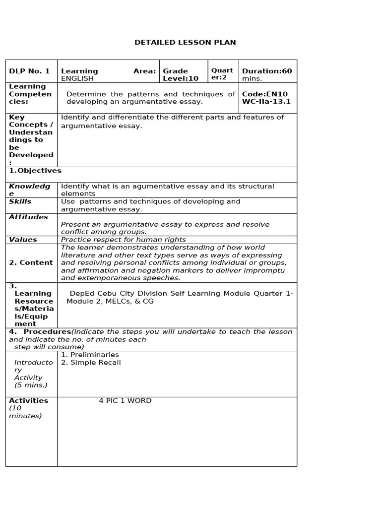 Argumentative Essay Lesson Plan for Grade 10 | PDF | Argument | Learning