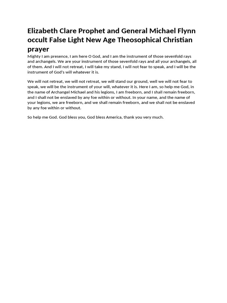 Elizabeth Clare Prophet and General Michael Flynn Occult False Light ...