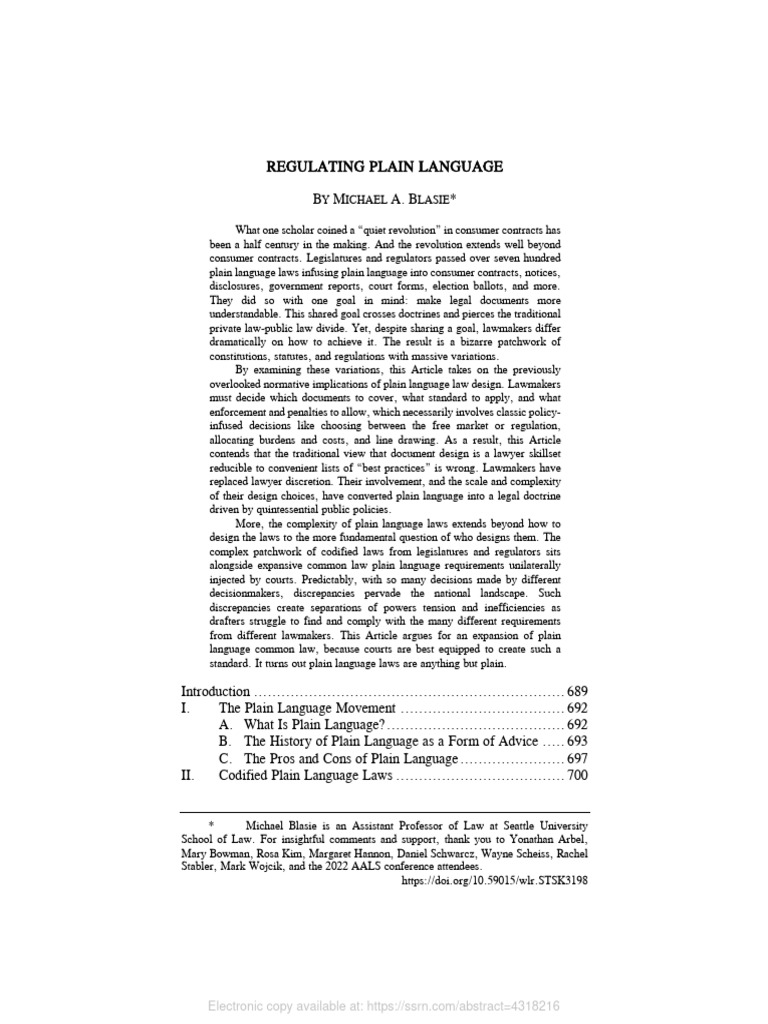 Regulating Plain Language - MICHAEL A. BLASIE | PDF | Plain Language ...