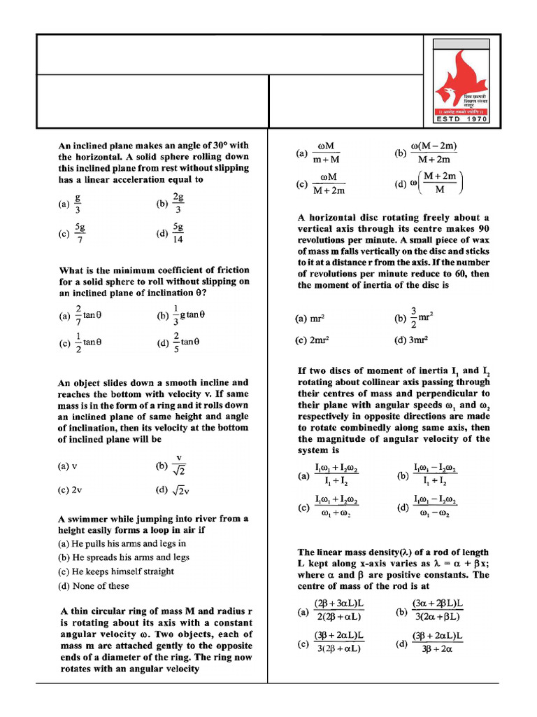 Rotational Motion Moderate Level Test No. 02 Test Paper With Solutions ...
