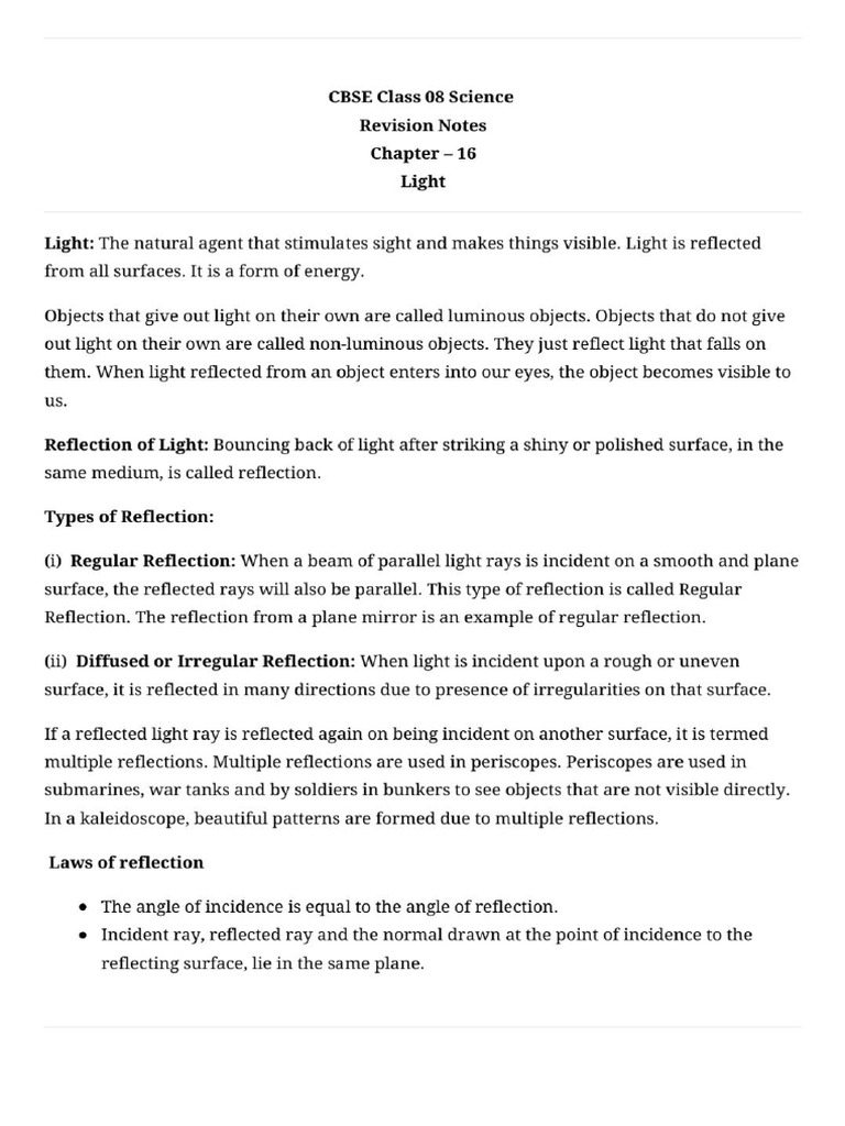 Sushma Academy Class 8th (2025-26) Science CH 13 Light Notes | PDF