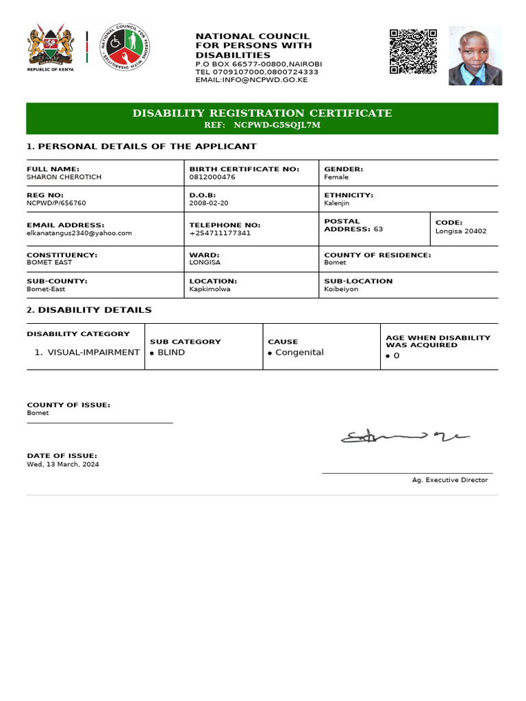 NCPWD G5SQJL7M Disability Registration Certificate | PDF