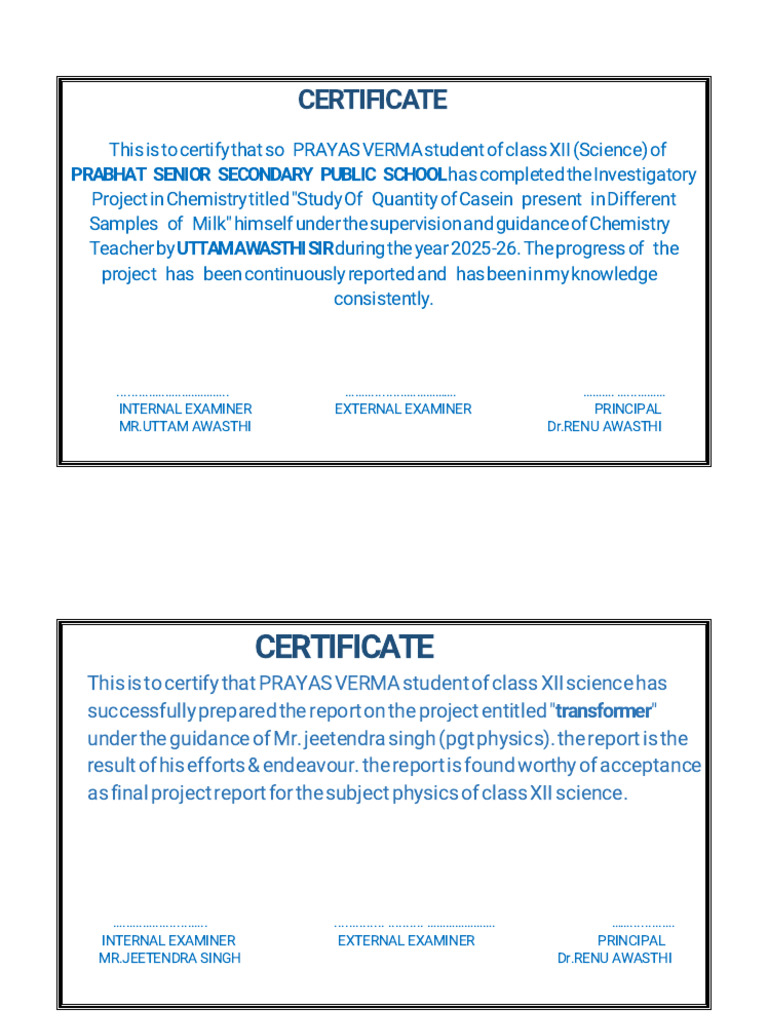 Class XII Project Certificates for Science | PDF