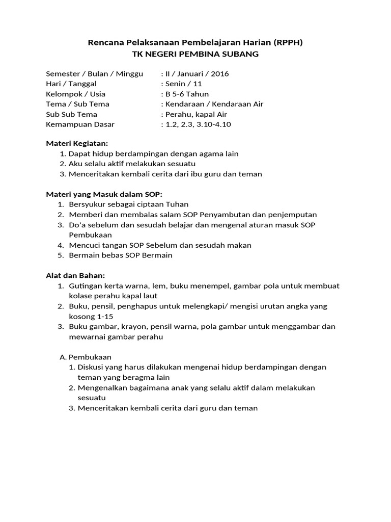 RPPH Kendaraan Air untuk TK 5-6 Tahun | PDF