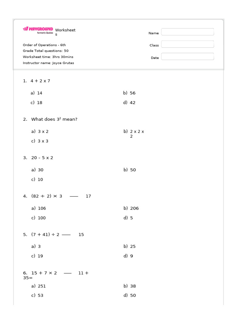 6th Grade Order of Operations Worksheet | PDF | Multiplication ...
