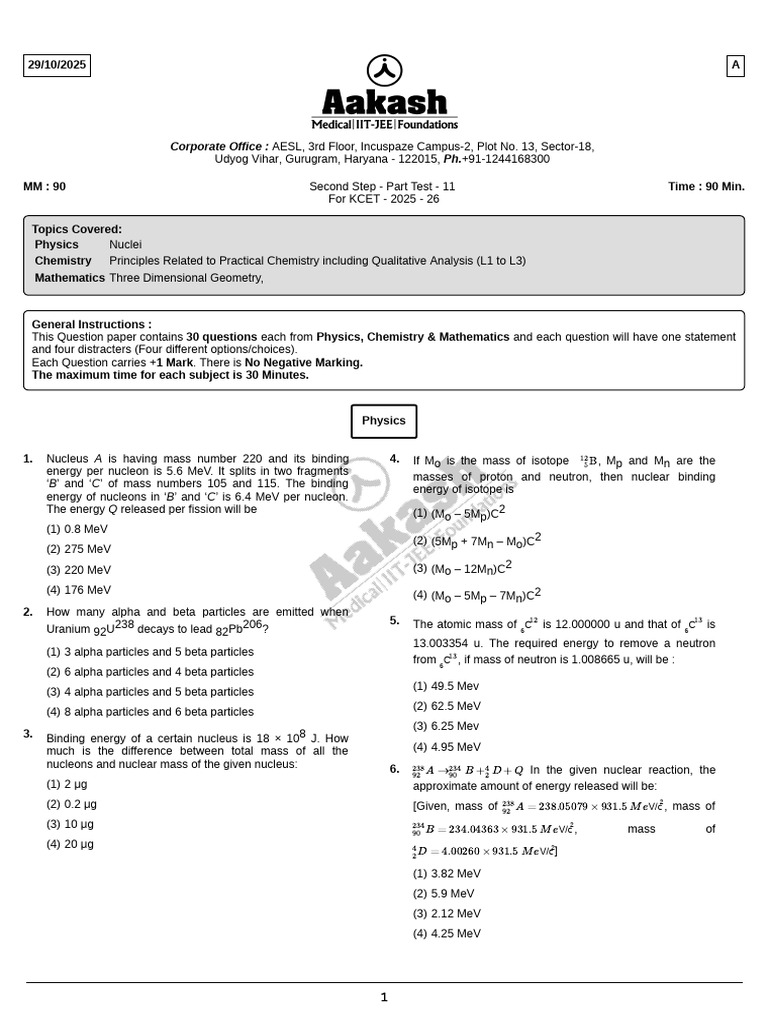 KCET 2025-26 Physics Chemistry Math Test | PDF | Neutron | Atomic Nucleus