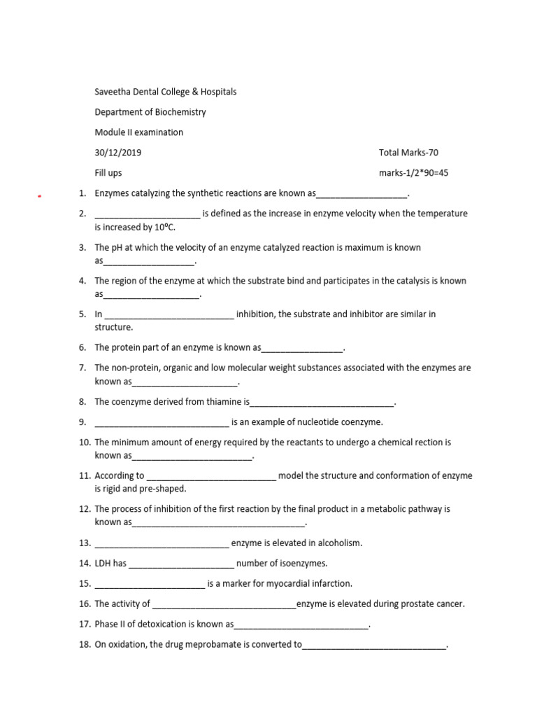 Biochemistry Exam Questions & Topics | PDF | Enzyme | Enzyme Inhibitor
