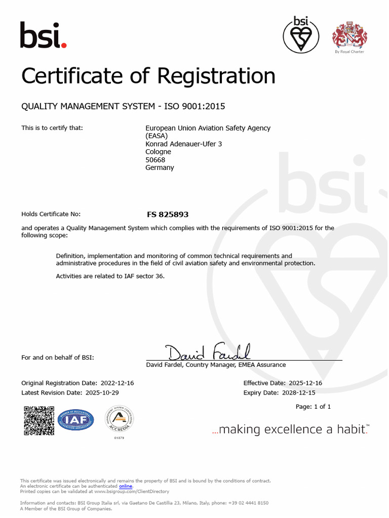 ISO 9001:2015 Certificate - EASA | PDF