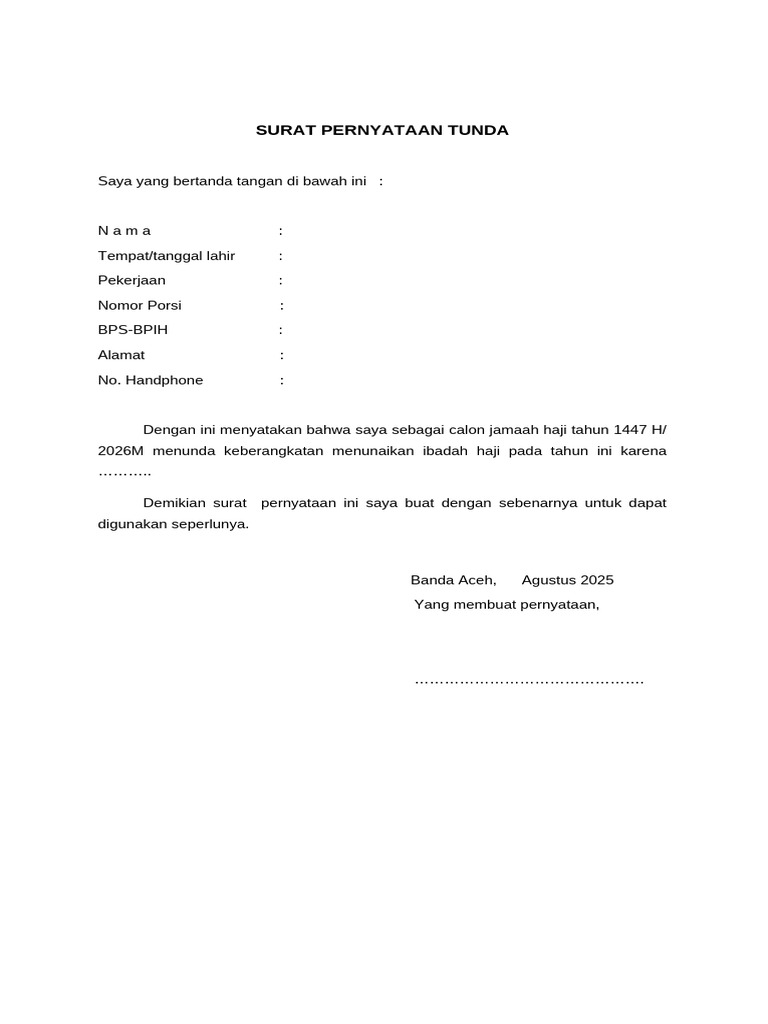 Surat Pernyataan Tunda Haji 2026 | PDF