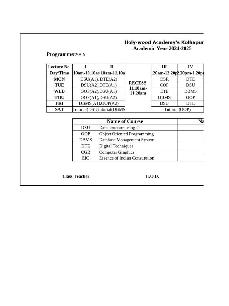 SY CSE-A TIME TABLE | PDF