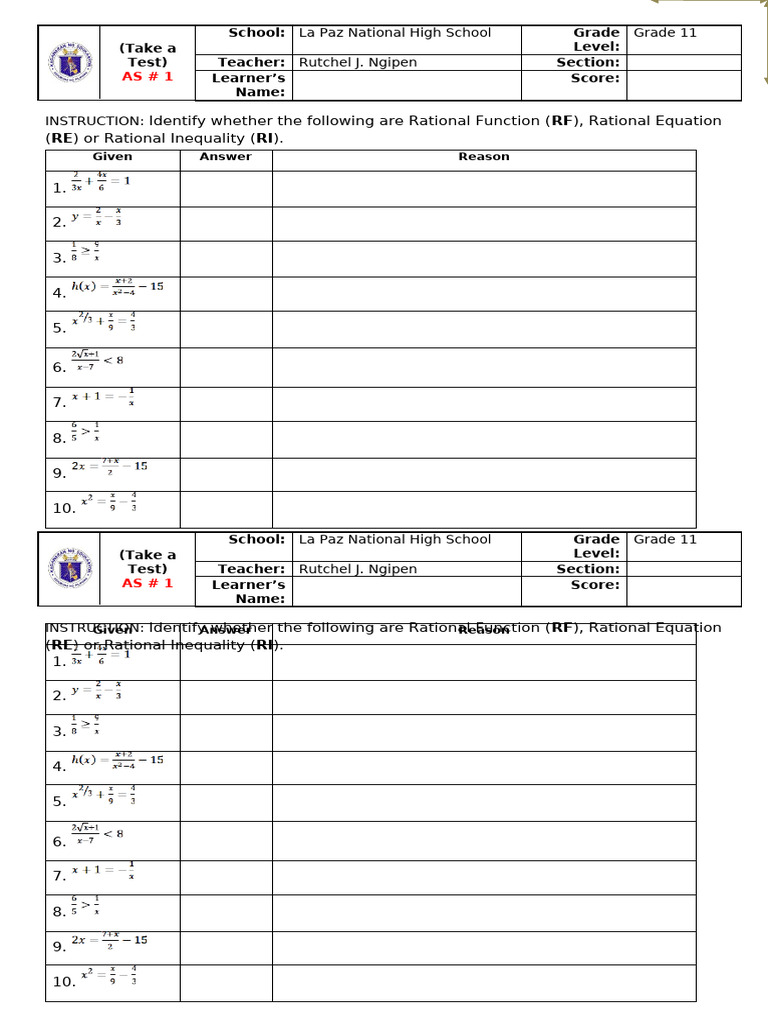 Grade 11 Rational Functions Test | PDF