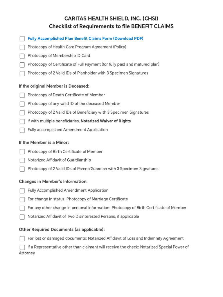 CHSI Benefit Claims Requirements Checklist | PDF