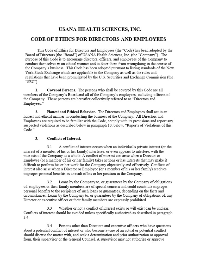 USANA Code of Ethics Overview | PDF | Trade Secret | Insider Trading