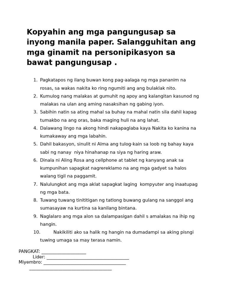 Filipino Group Activity Personipikasyon | PDF