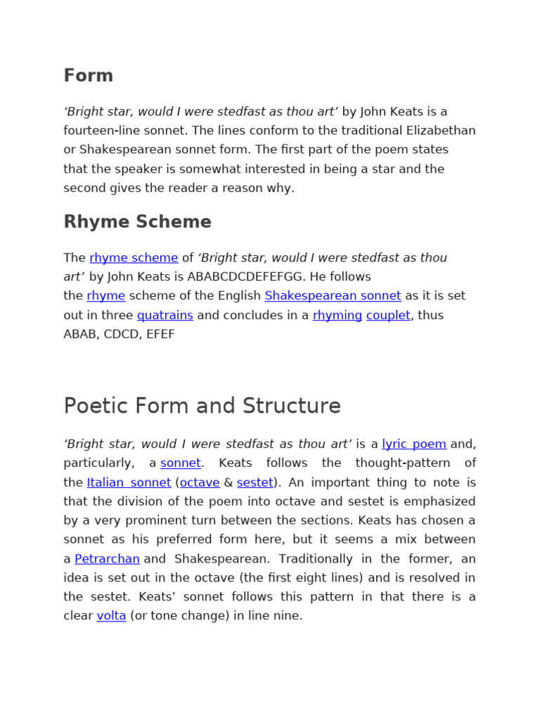 Analysis of Keats' "Bright Star" Sonnet | PDF | Poetry | Sonnets