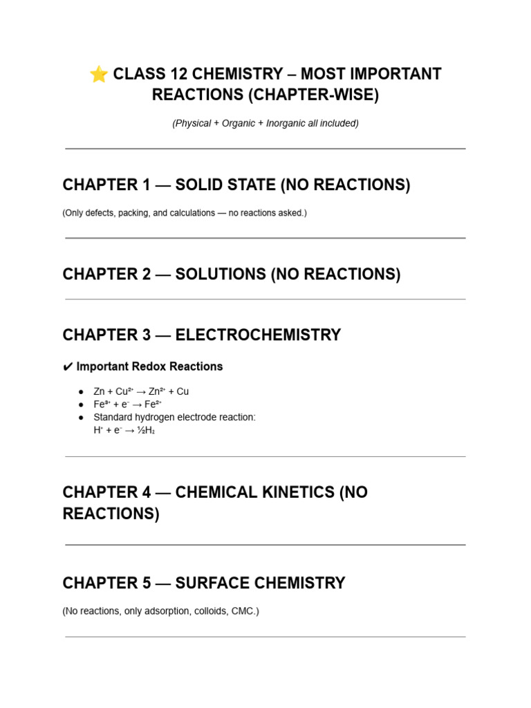 Class 12 Chemistry Most Important Reaction | PDF | Aldehyde | Ether