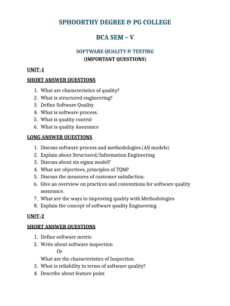 Important Software Quality & Testing Questions | PDF | Software Quality ...