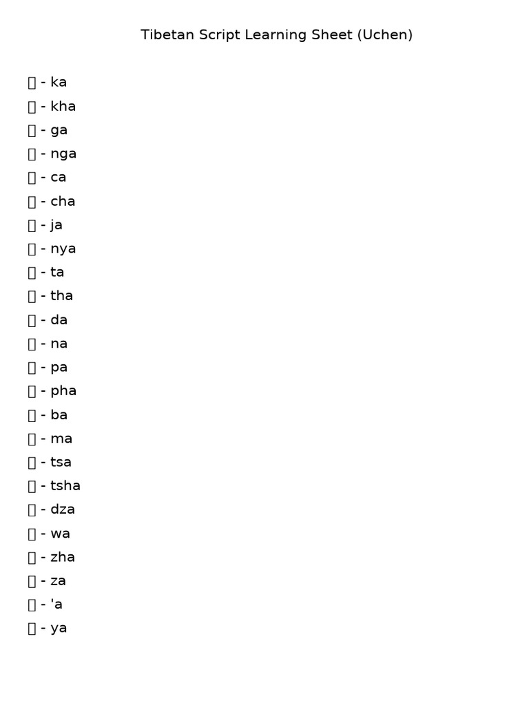 Tibetan Script Learning Sheet | PDF