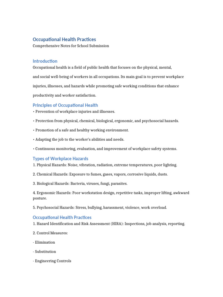Occupational Health Practices Notes | PDF