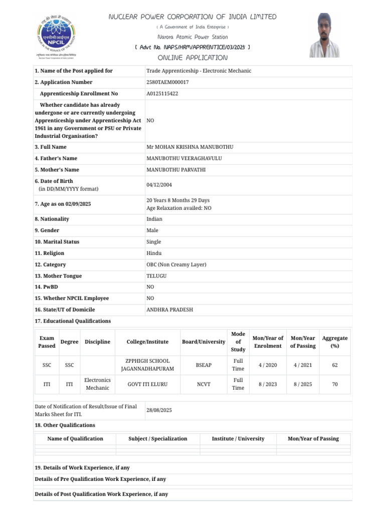 NPCIL Recruitment Portal - Print Application Form | PDF