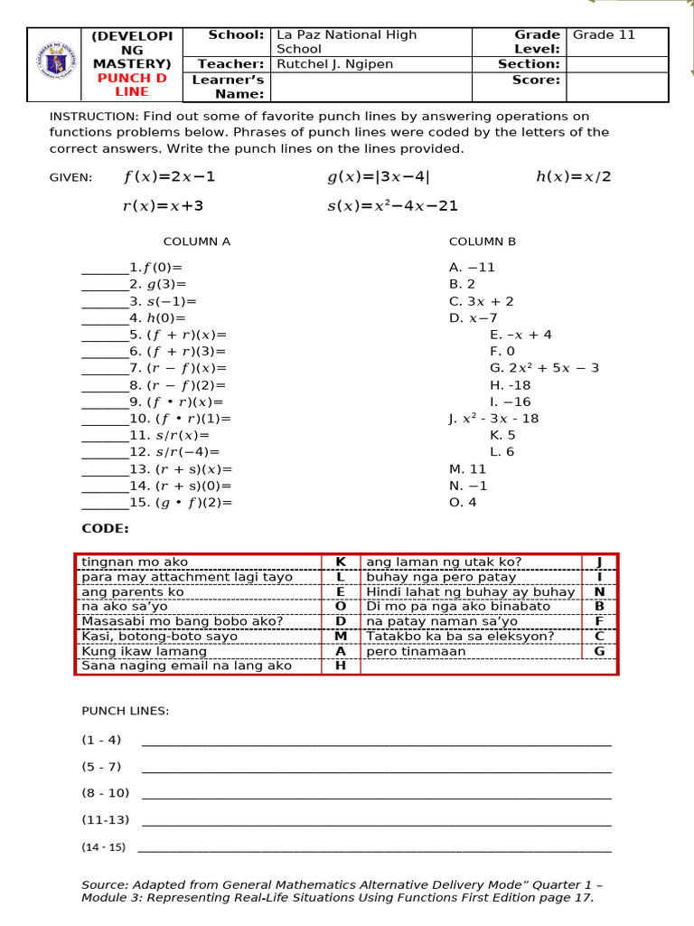 Grade 11 Math Functions Punch Lines | PDF
