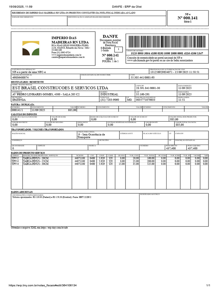 Nota Fiscal Eletrônica - Imperio das Madeiras | PDF | Recibo ...