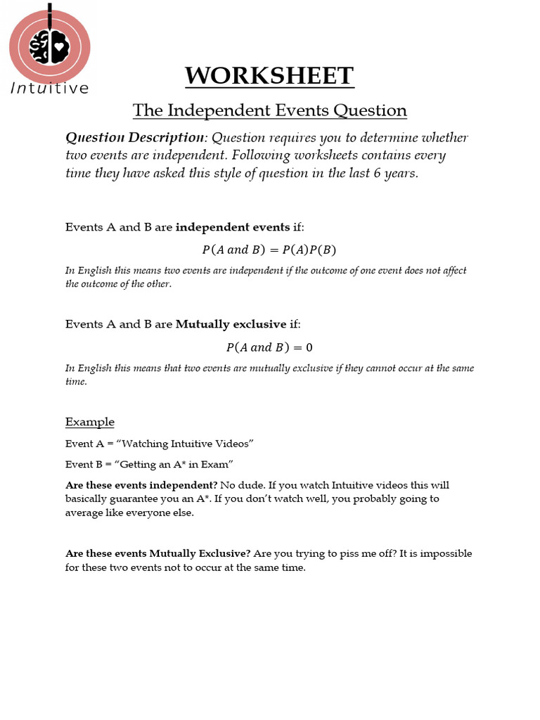 Independent Events Question Worksheet | PDF