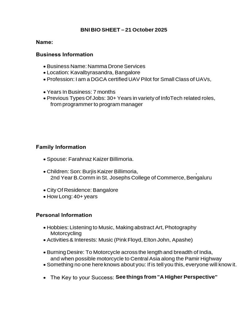 Bni Bio Sheet Kaizer 21 October 2025 | PDF