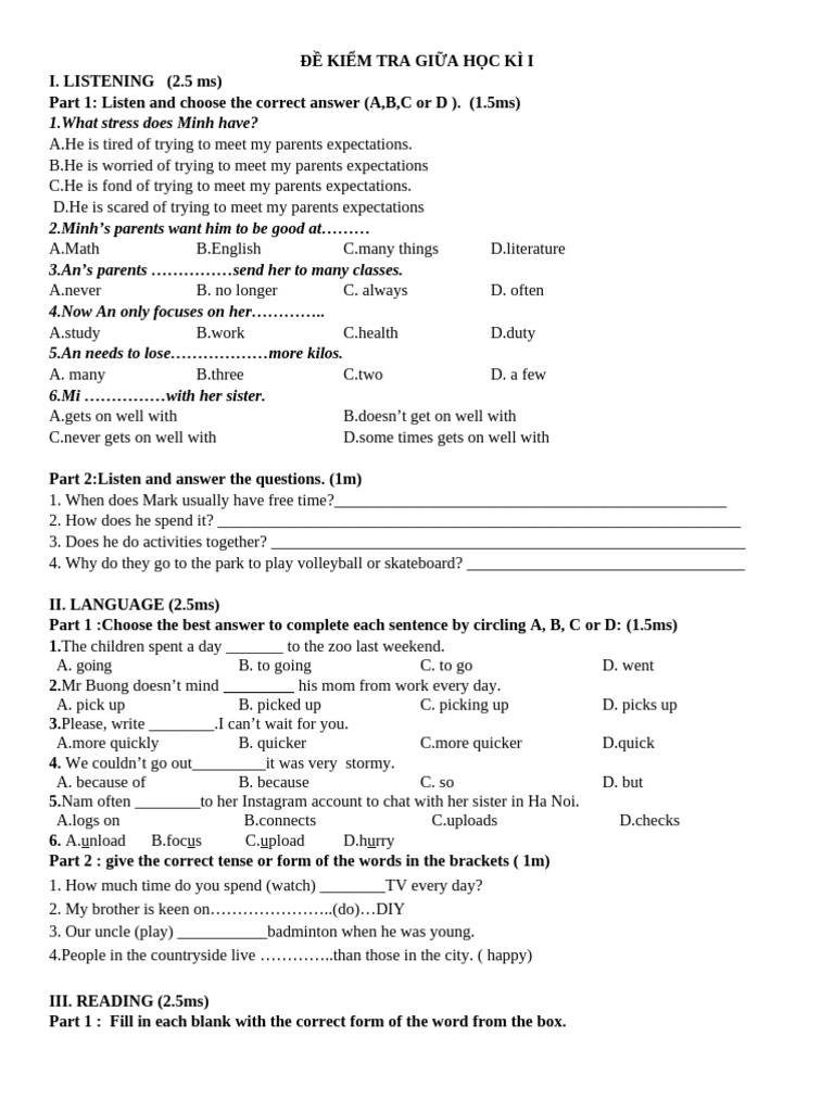 Đề GKI Anh 8 Ms.Hien | PDF | Hobbies