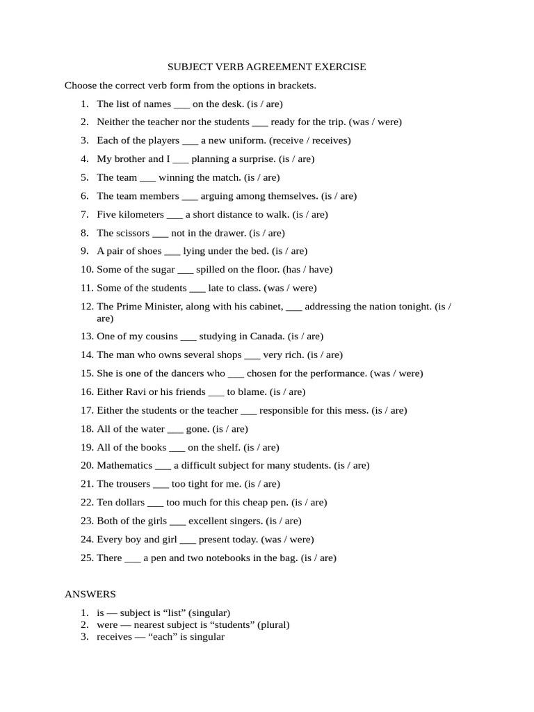 Subject-Verb Agreement Exercise | PDF | Plural | Language Mechanics