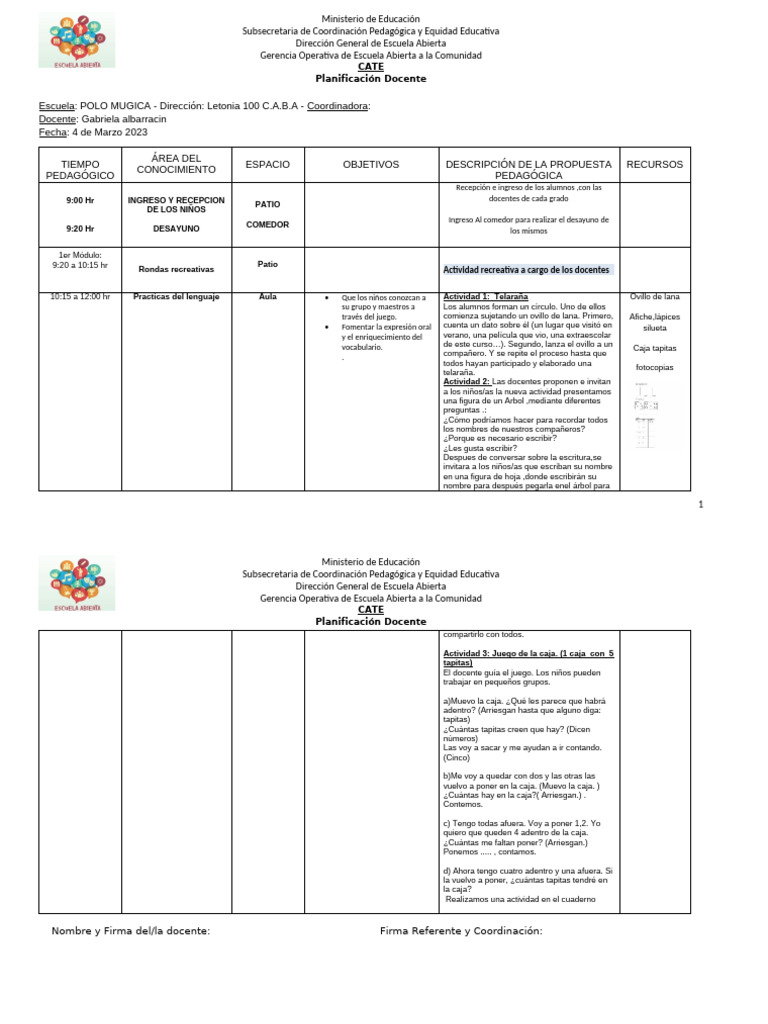 Planificacion 4 de MARZO 1er Grado Polo Mugica | PDF