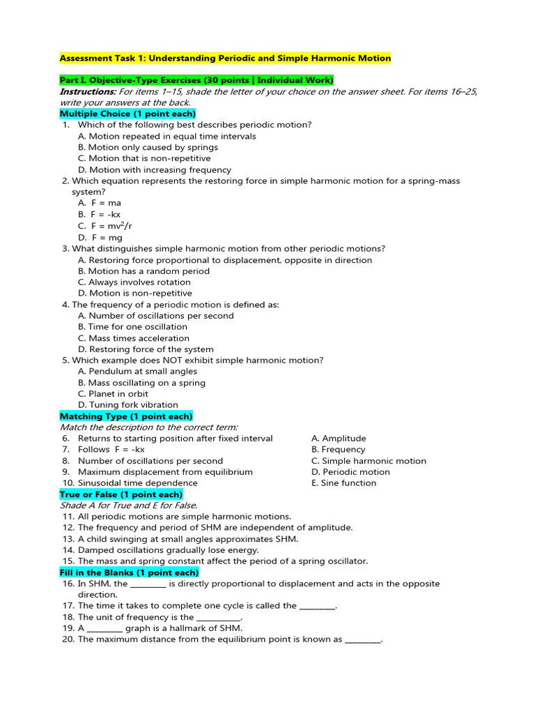Periodic and Simple Harmonic Motion Assessment | PDF | Oscillation ...