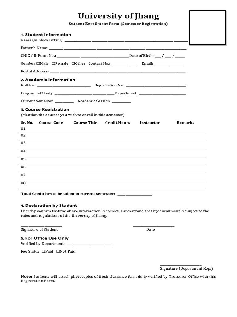 University of Jhang Enrollment Form | PDF