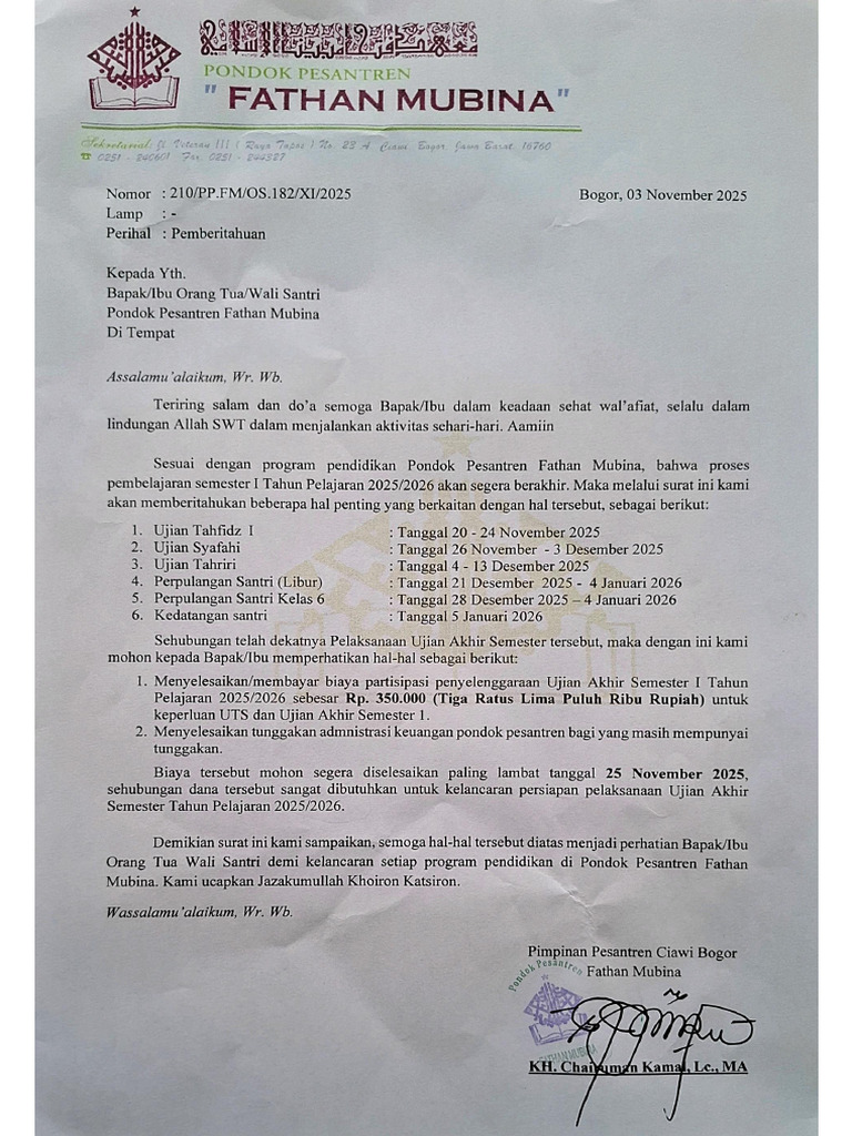 Surat Pemberitahuan Ujian Smt 1 | PDF