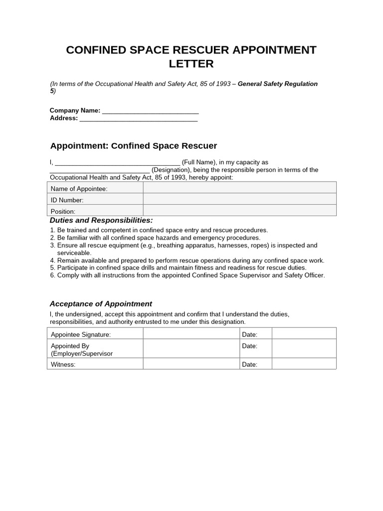 Confined Space Rescuer Appointment Letter | PDF