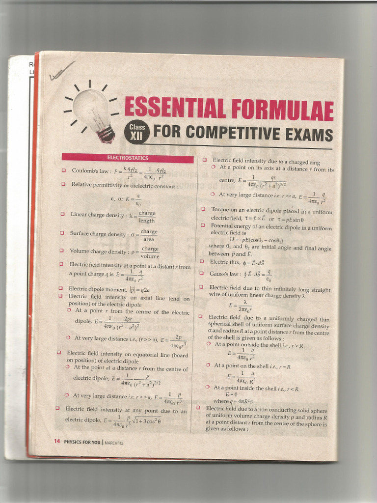 Class XII Physics Formula Sheet (Boards+competitive) | PDF