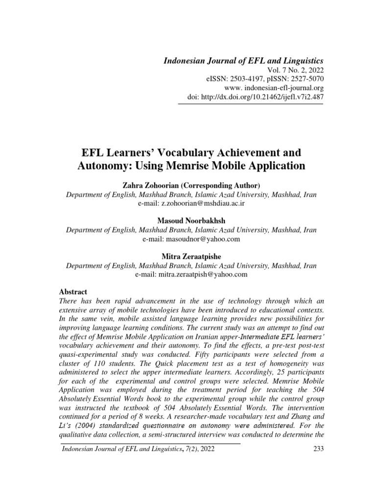 EFL Learners Vocabulary Achievement and | PDF | Student's T Test | P Value