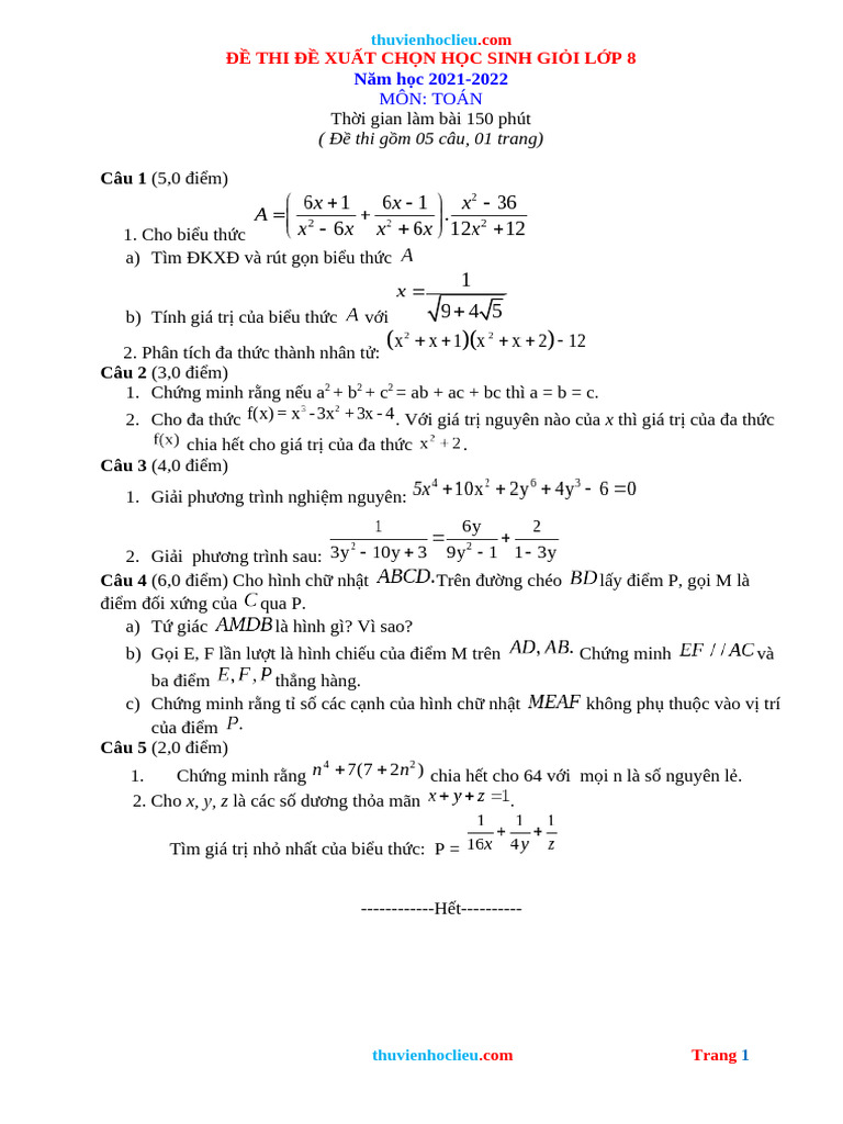 Thuvienhoclieu.com de Thi de Xuat HSG Toan 8 Cap Huyen 2021 2022 Co Dap an de 2 | PDF