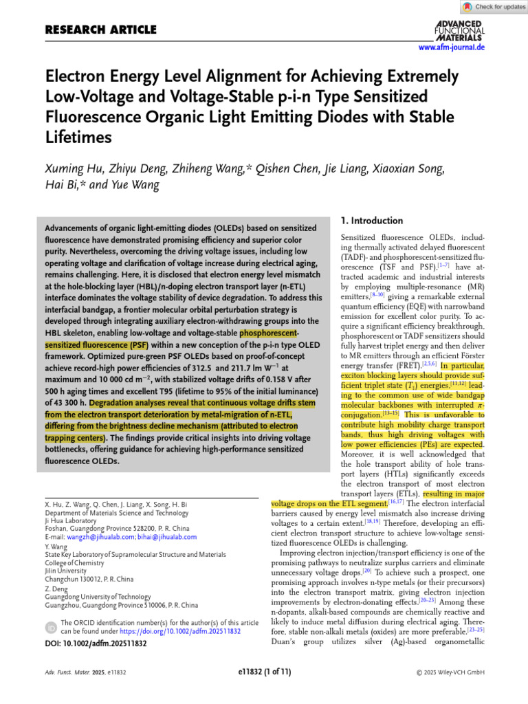 Adv Funct Materials - 2025 - Hu - Electron Energy Level Alignment For ...